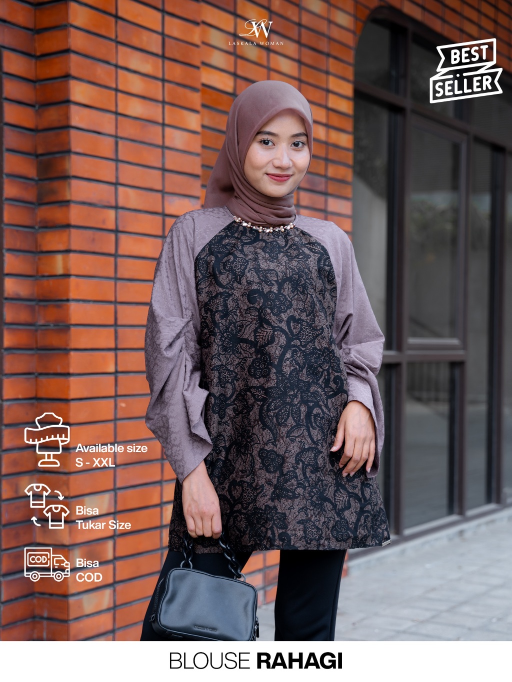 Jual Laskala Woman - Rahagi | Blouse Serut Batik Cokelat Lengan Panjang | Shopee Indonesia