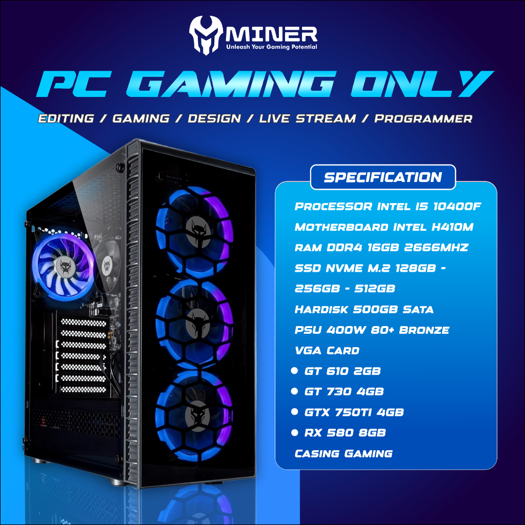 Jual MINER PC Rakitan Gaming Intel Core I5 10400F SSD NVME 512GB VGA Card 8GB RAM 16GB | Shopee ...