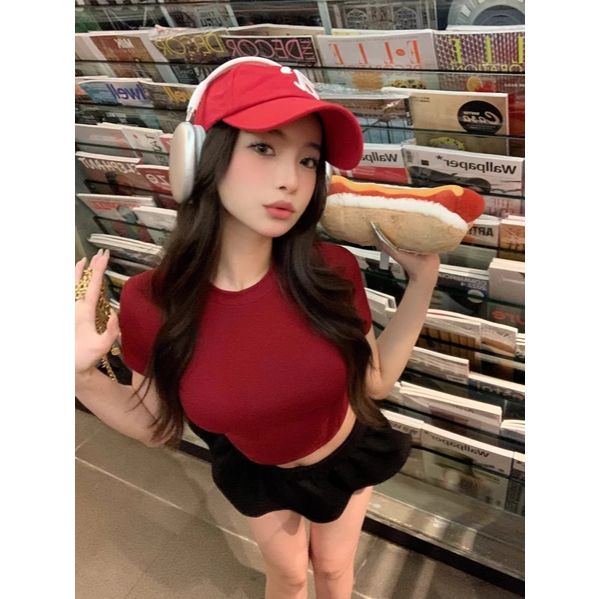 Jual Kaos crop merah wanita Atasan crop rib ketat seksi Korea Koas crop ...