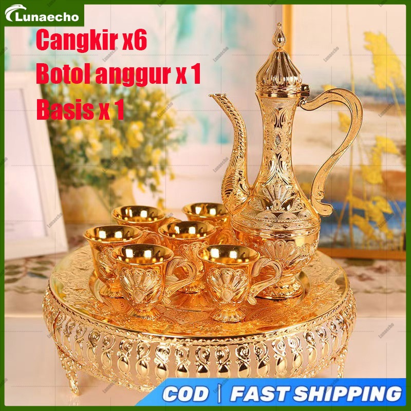 Jual 8pc Set Gelas Anggur Kendi Ornamen Emas Ornament Gold Gelas Anggur ...