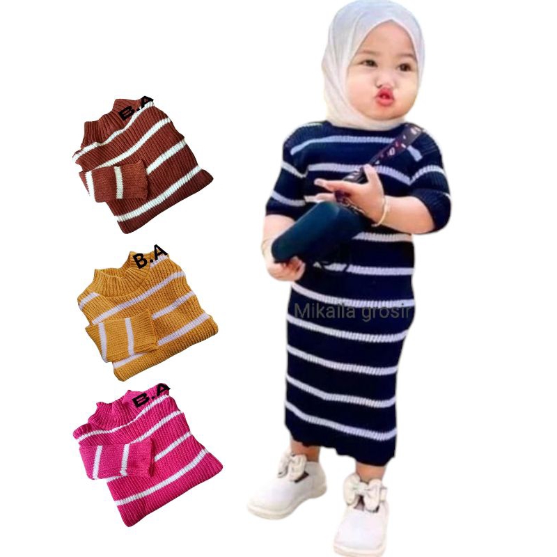 Jual Dress Rajut Anak Perempuan Lengan Panjang Salur Kecil 1-3thn ...