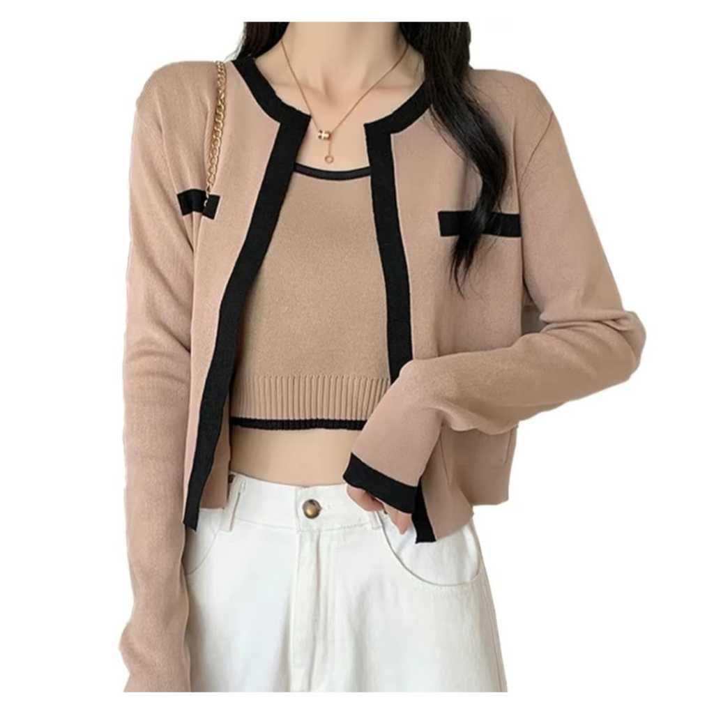 Jual Atasan Tanktop Cardigan Set Lengan Panjang Kekinian Rajut Premium | Baju Atasan Wanita ...