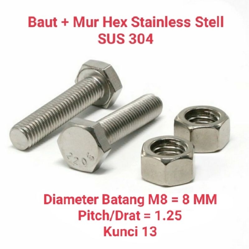 Jual Baut Hex Stainless Stell M8 SUS 304 Plus Mur | Shopee Indonesia