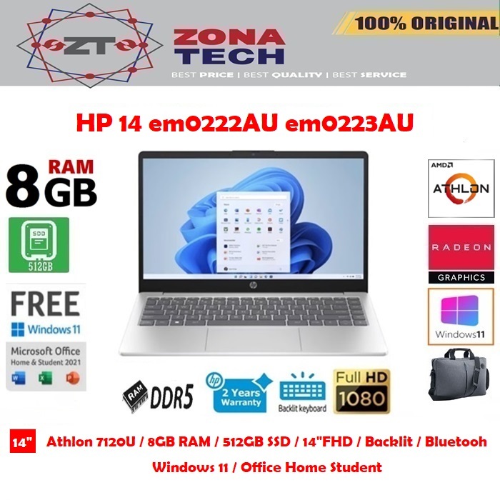 Jual HP Laptop 14 em0222AU em0223AU Athlon 7120 8GB 512GB SSD BACKLIT ...