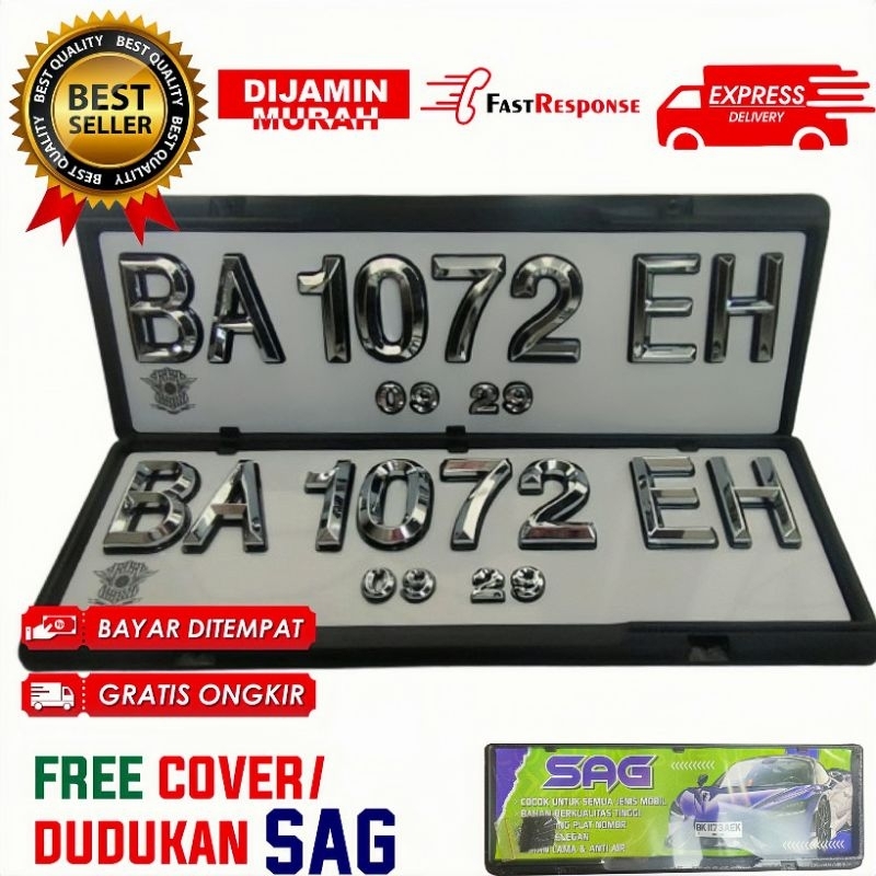 Jual Plat Nomor Mobil Mewah Putih List Hitam Krom lancip 7cm Segi 5 ...