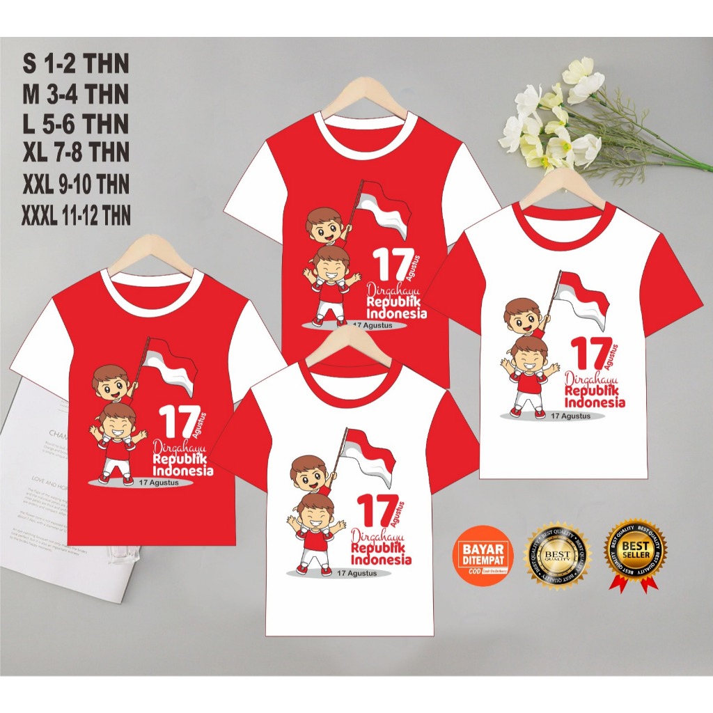 Jual vivi88kids-kaos anak motif warna merah dan putih kombinasi tema 17 Agustus usia 1-12 tahun ...