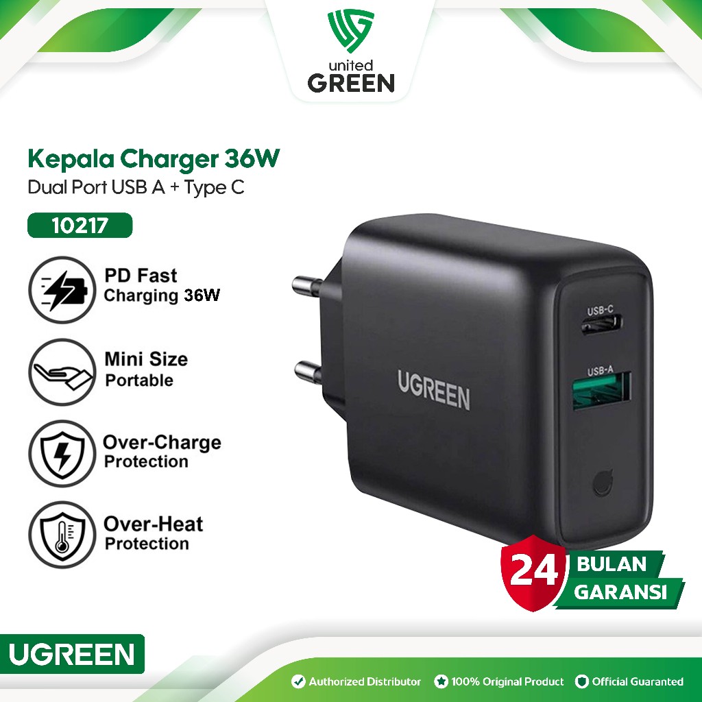Jual UGREEN ORIGINAL Adaptor Charger 36W Dual Port USB A Type C Super Fast Charging Quick Charge ...