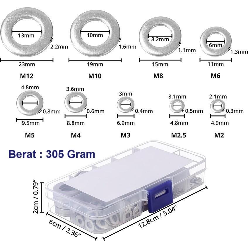 Jual Paket 580 pcs O Ring Flat metal Washer Set M2,5 M3 M4 M5 M6 M8 M10 M12 ring plat besi ...