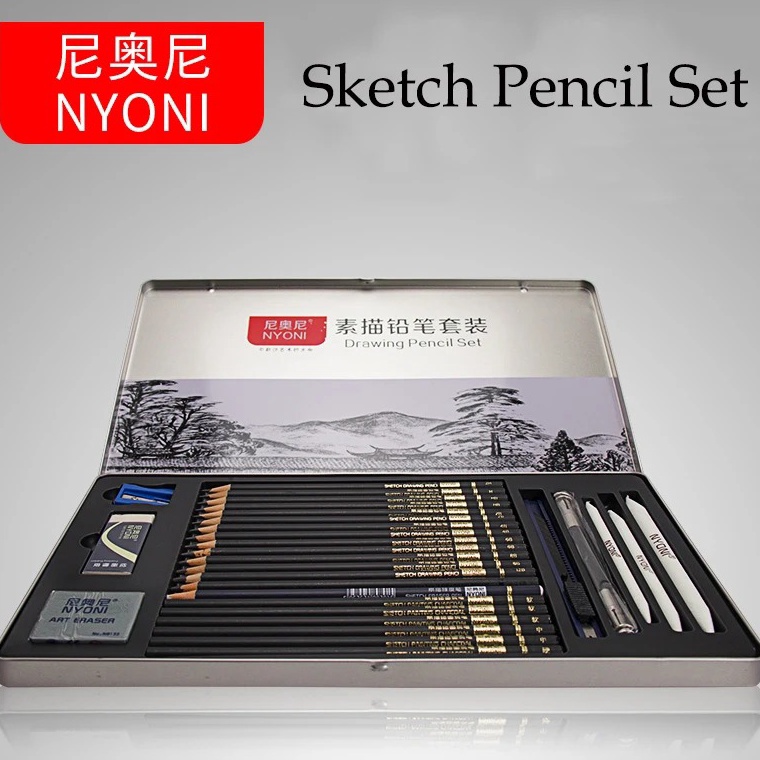 Jual KODE S66Z NYONI Drawing Pencil Gambar Set 29 pcs Metal Tin Box ...