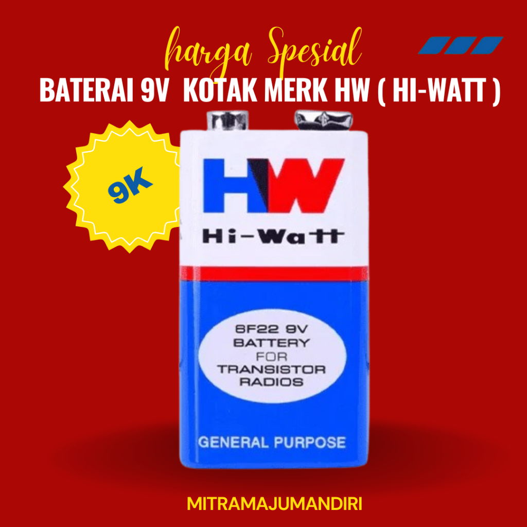 Jual Baterai 9v /y 9 Volt / Bat Battererai kotak Merk HW ( HI-Watt ...