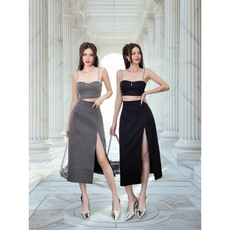 Jual Yuvine Set (Korean Sling Crop Tank Top Slit Midi Skirt Set Cotton ...