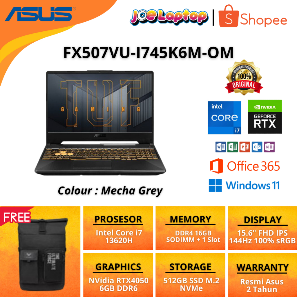 Jual Asus TUF F15 FX507VU-I745K6M-OM Mecha Grey i7 13620H Win11 OHS ...