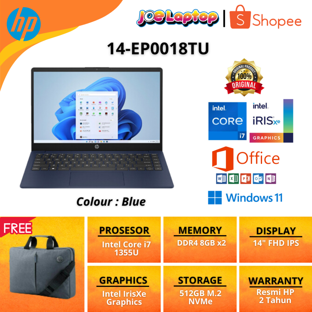 Jual HP 14-EP0018TU Blue i7 1355U Win11 OHS | Shopee Indonesia