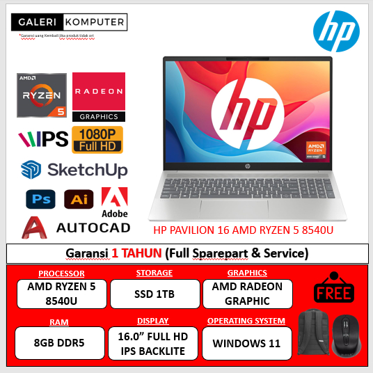 Jual LAPTOP GAMING HP PAVILION 16 AMD RYZEN 5 8540U 8GB DDR5 1TB 16.0 WUXGA IPS BL WIN11 ...