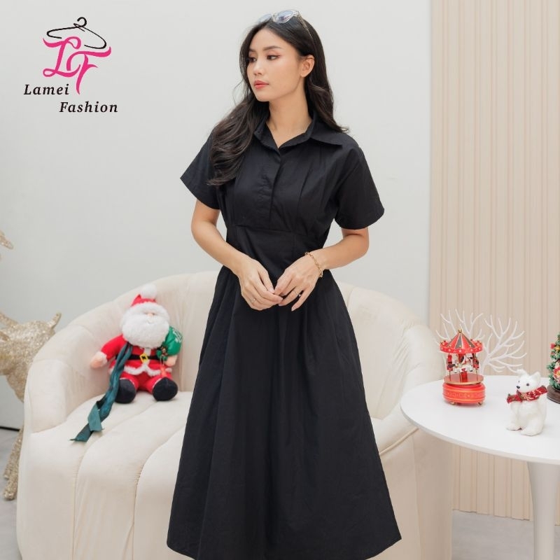 Jual LAMEI [LFD5405] Korean Basic Dress Premium Cotton Poplin Gaun Midi ...