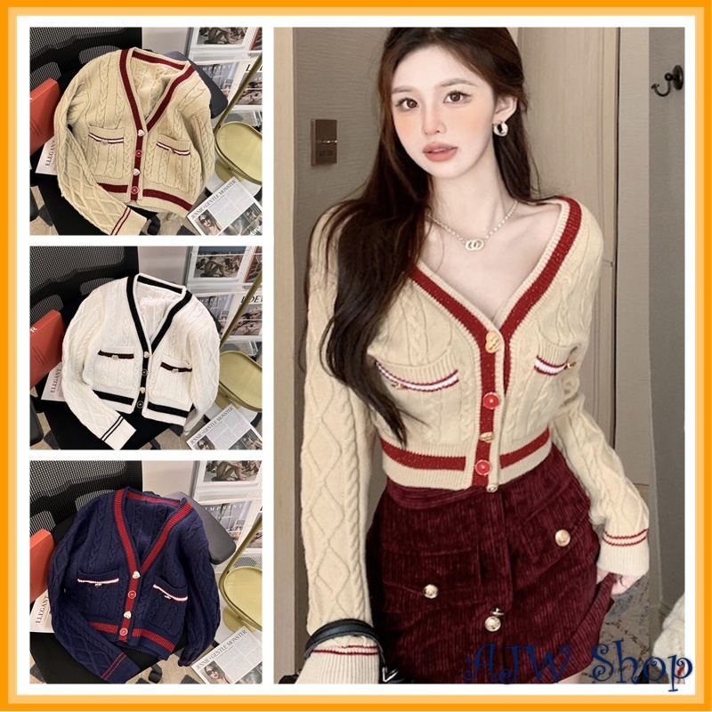 Jual AJW Cardigan Wanita Mixeds Buttons Contrast Knitting Stitches Premium WDC | Cardigan Crop ...