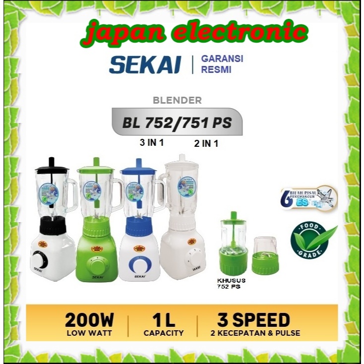 Jual SEKAI Blender Jus Buah 3 in 1 1 Liter BL-752PS 3in1(palstik) / BL-752GS 3in1 (gelas) / BL ...