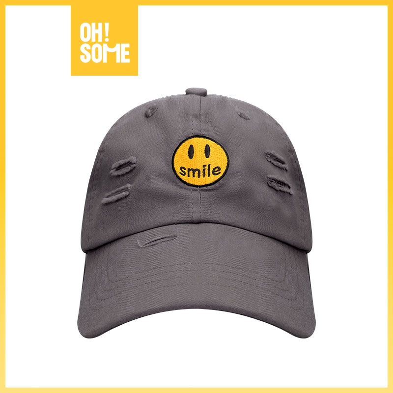 Jual OHSOME smile baseball cap/Happy Face Ripped Baseball Cap/white ...