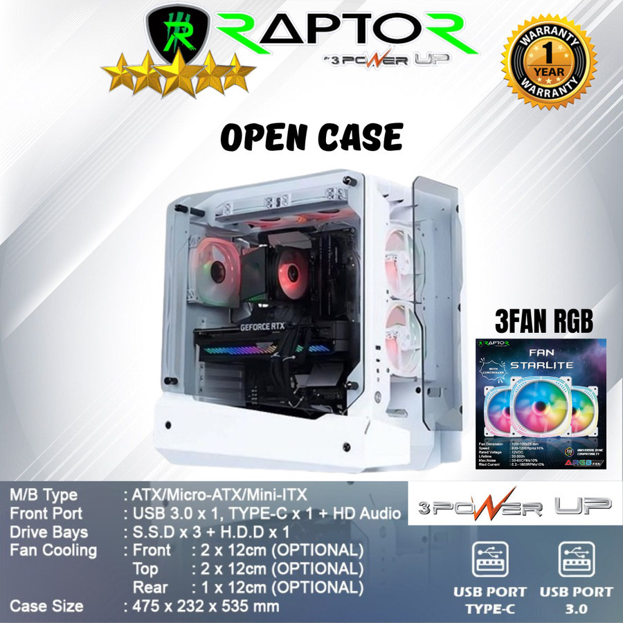 Jual CASING PC GAMING ATX RAPTOR OPEN CASE GAMING PC CASE WHITE - HITAM ...
