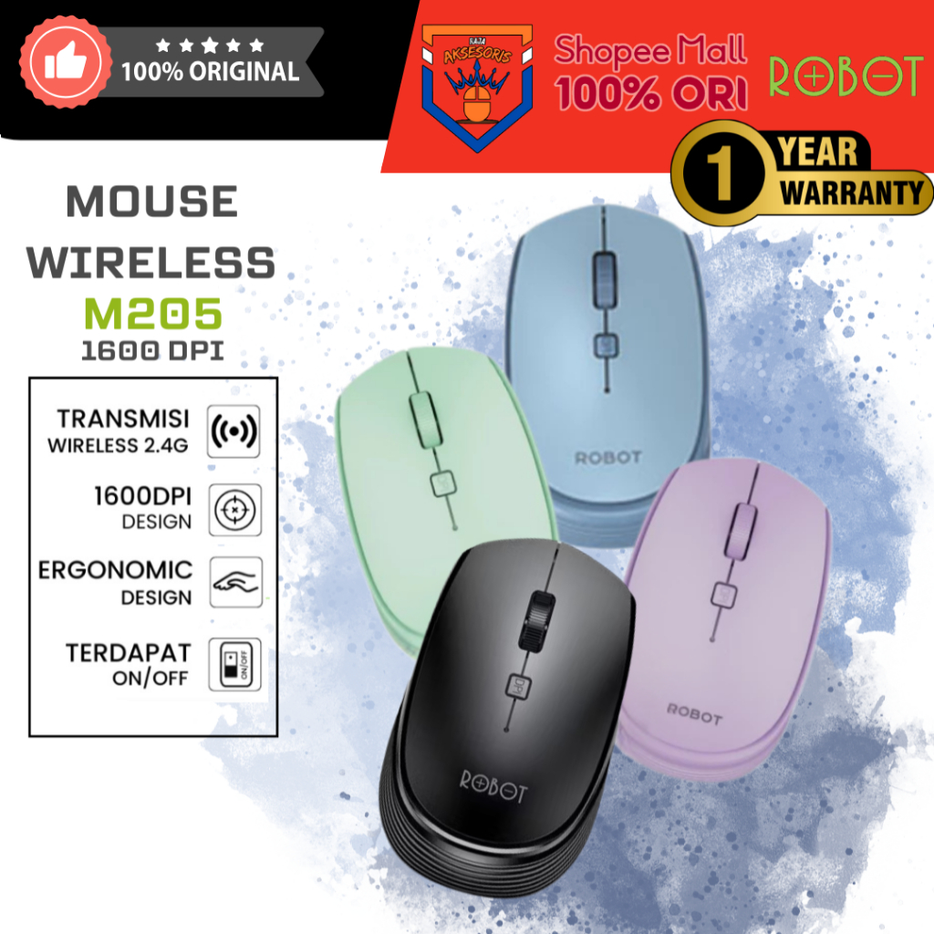 Jual ROBOT Mouse Wireless M205 2.4G 1600DPI Receiver USB untuk PC Laptop-Garansi Resmi 1 Tahun ...