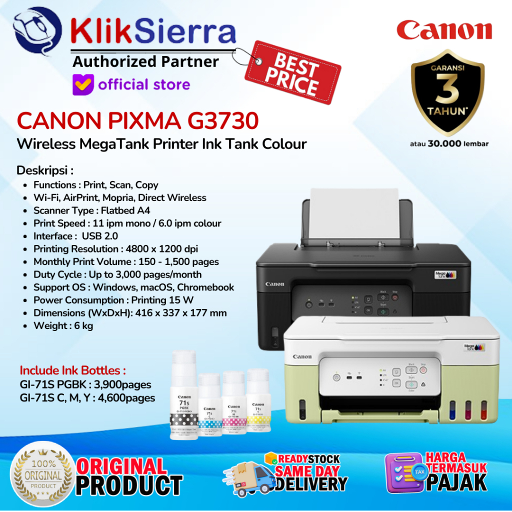 Jual Printer Canon PIXMA G3730 Ink Tank AIO Print Scan Copy Wifi Black/Green | Shopee Indonesia
