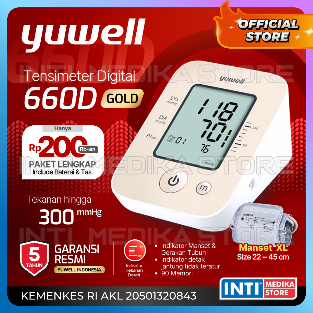 Jual YUWELL - Tensimeter Digital YE 660D GOLD Tensi Pengukur Tekanan Darah | Shopee Indonesia