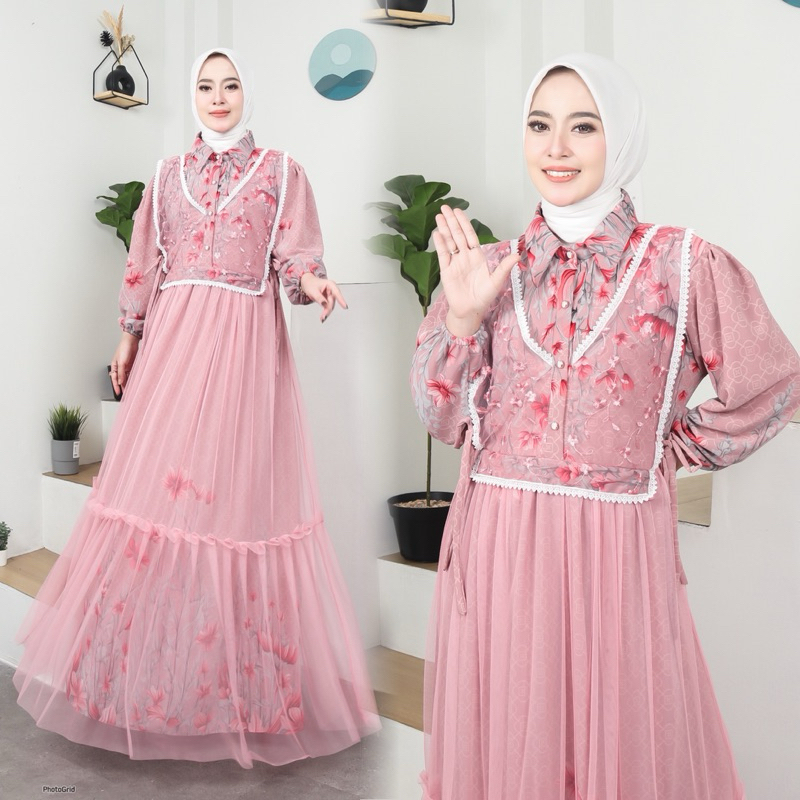 Jual Tiara Dress - Gamis Ceruty Print Full Furing Mix Tile Renda Busui ...