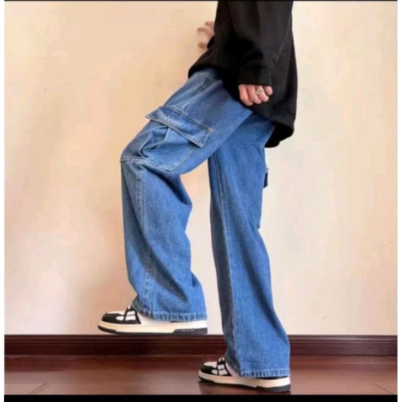 Jual Celana Cargo Jeans Panjang Pria Loose Fitt Gombrong Oversize Korean Style Kulot Baggy Pants ...