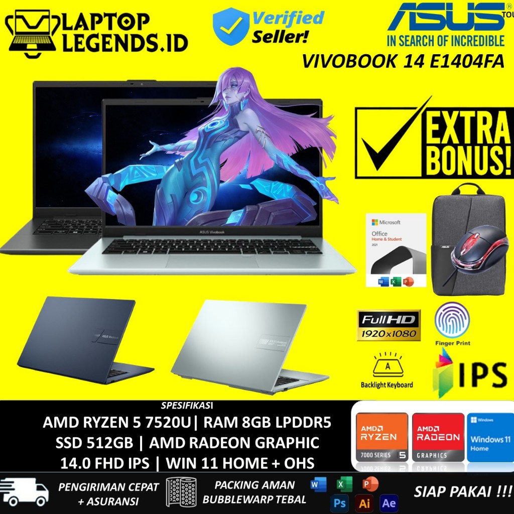 Jual ASUS VIVOBOOK GO 14 E1404FA AMD RYZEN 5 7520U 8GB DDR5 512GB 14.0 ...