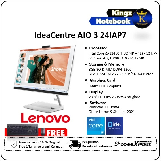 Jual PC AIO Lenovo IdeaCentre All In One 3 24IAP7 Core i5 12450H 16GB 512GB Win11+OHS 23,8" FHD ...
