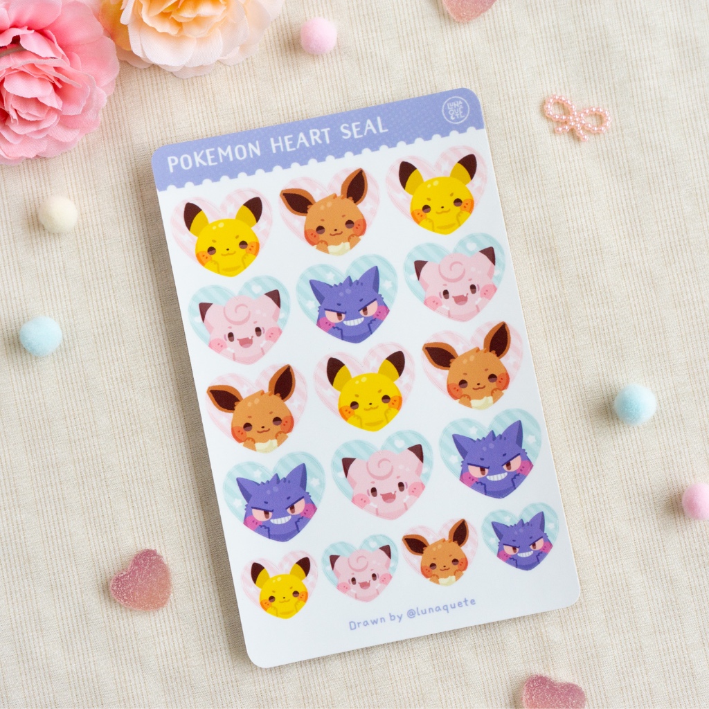 Jual Pokemon Heart Seal Cute Sticker Sheet Pikachu Eevee Gengar ...