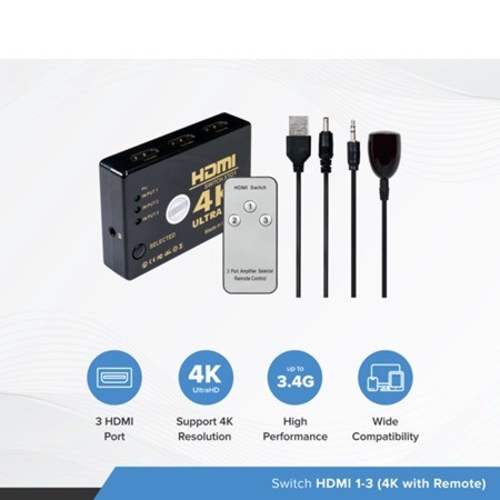 Jual HDMI SWITCH 1-3 + REMOTE (4K) NYK (Fungsi untuk 3 Alat dan 1 Layar ...