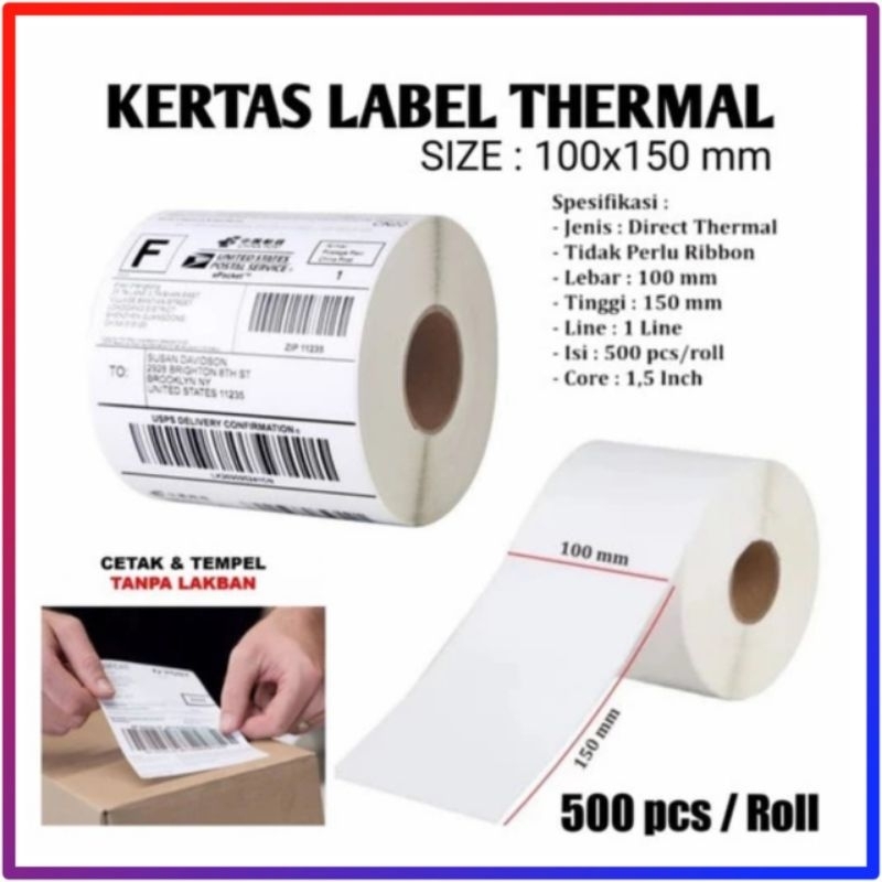 Jual KERTAS THERMAL LABEL STICKER 100X150 500PCS LABEL BARCODE KERTAS ...