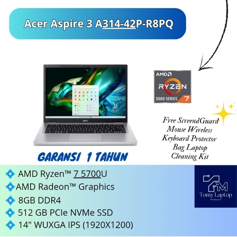 Jual LAPTOP ACER ASPIRE A314-42P-R8PQ AMD R7-5700U 8GB 512GB SSDNVME ...