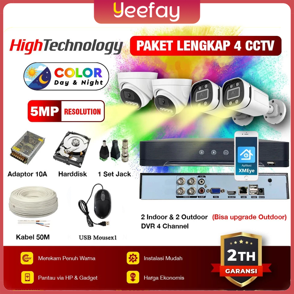 Jual ⚡Garansi 2 tahun⚡Paket CCTV Full AHD 4CH 4 Kamera 5Mp 1080p 2K IP ...