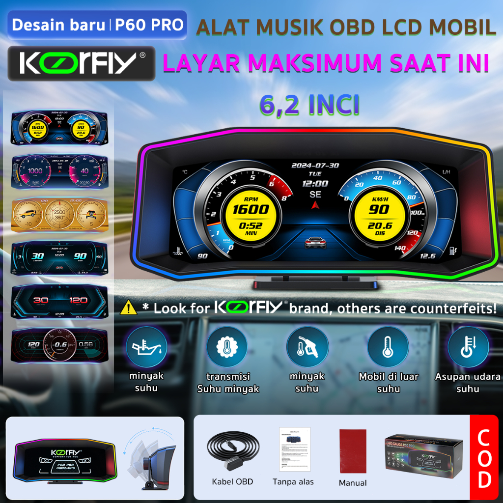 Jual KOORFLY P60 PRO - Car Layar Display Hd OBD2+GPS Smart HUD Sistem Ganda Smart Gauge Kode ...