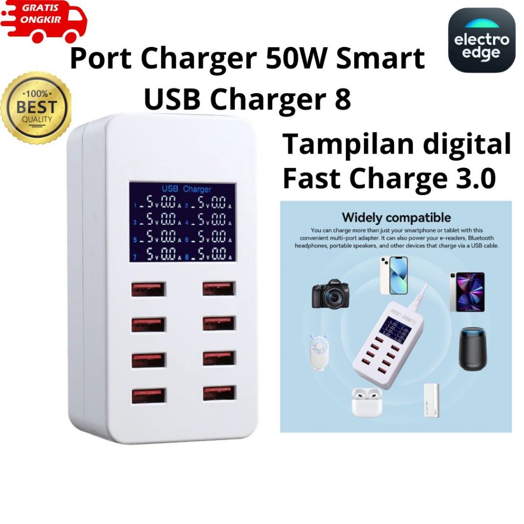 Jual USB Port Multi Port Charger 50W Smart USB Charger 8 Port Colokan ...