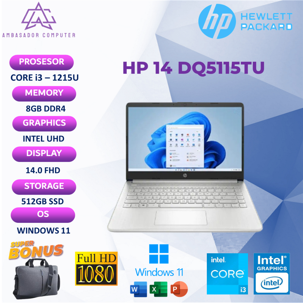 Jual HP 14 DQ5115TU i3 1215U 12GB 512GB Full HD Windows11 OHS | Shopee ...