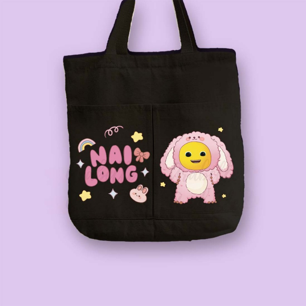 Jual Totebag Kanvas Dua Kantong Berwarna Hitam Bergambar Karakter Lucu ...