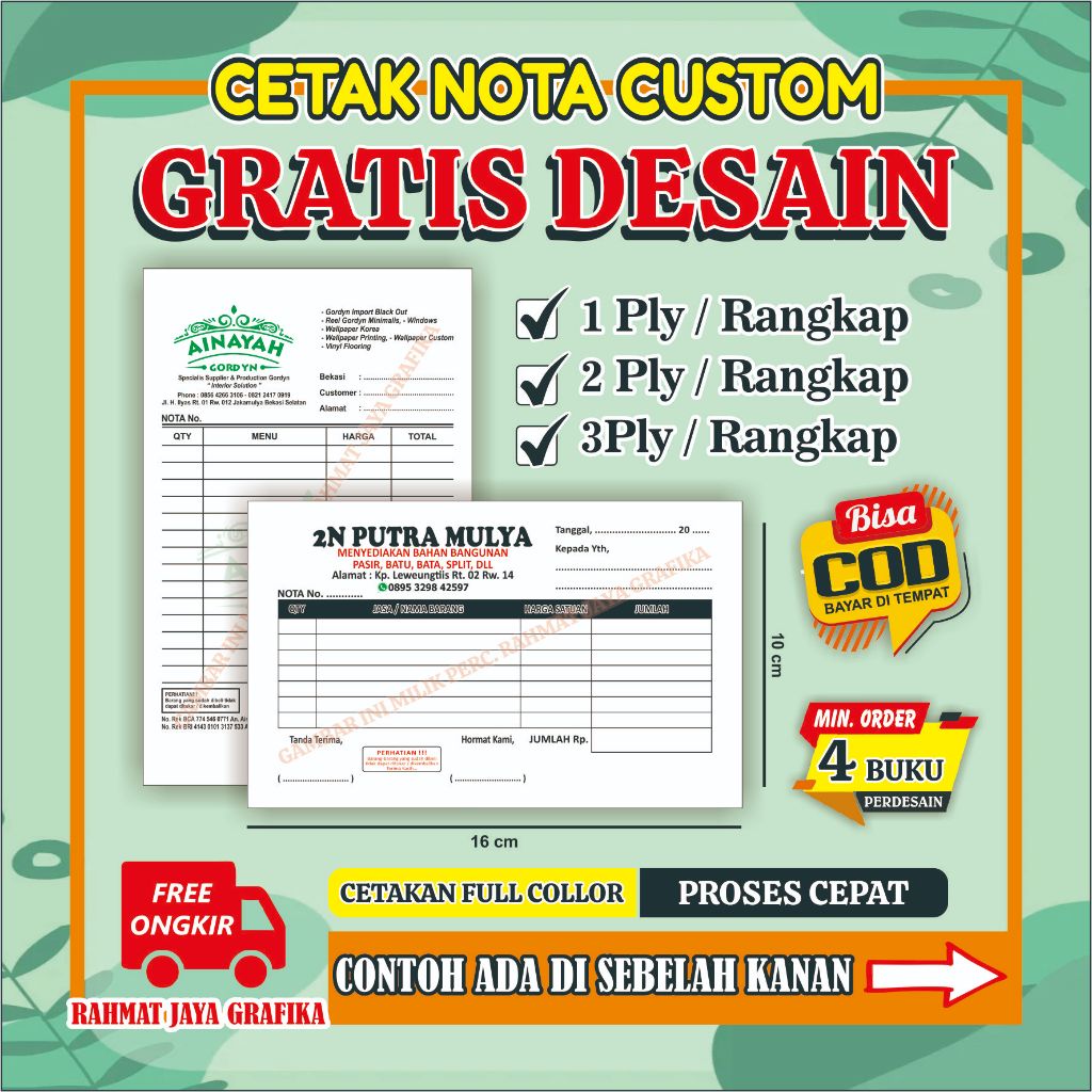 Jual cetak nota custom 1ply 2 ply 3ply gratis desain ukuran standar 1/4 ...