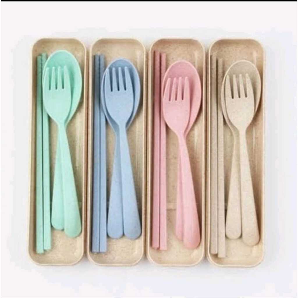 Jual HLC - Sendok Set Garpu Sumpit Free Box Sendok Set Bahan Jerami ...