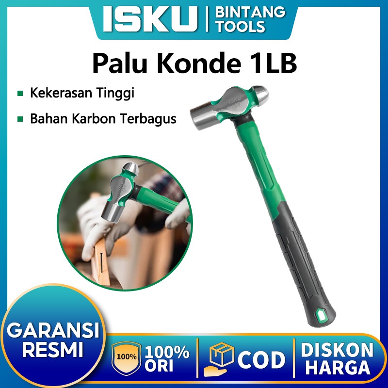 Jual ISKU Palu Konde 1LB Gagang Karet Fiber Hammer/ Ball Pein Hammer ...