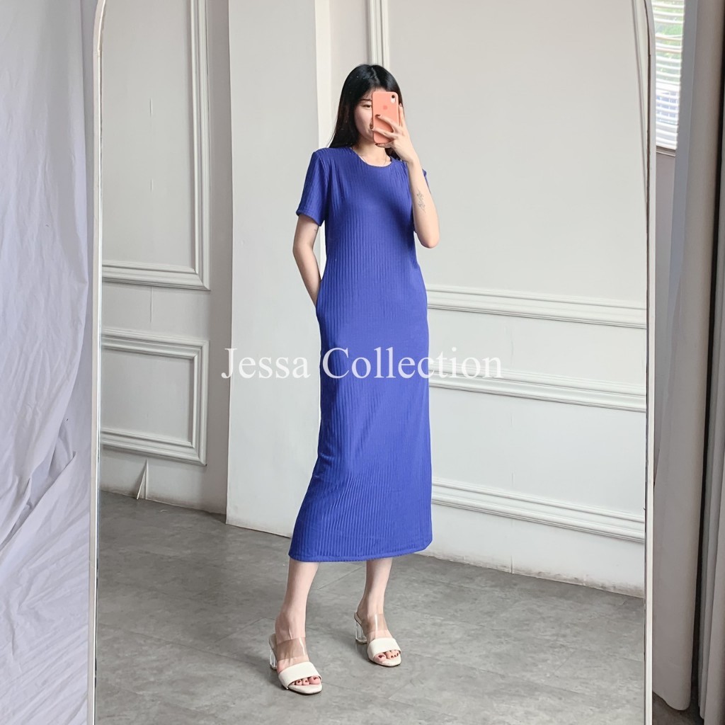 Jual Minji Plain Dress TH 746 KNIT Gaun Wanita Simple Lengan Pendek ...