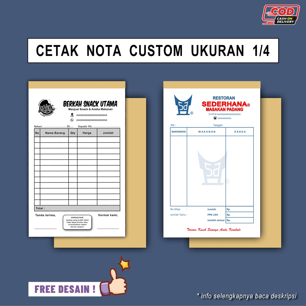 Jual Nota Ukuran 1/4 Nota Custom Free Desain | Nota Warung | Nota 1 Ply ...