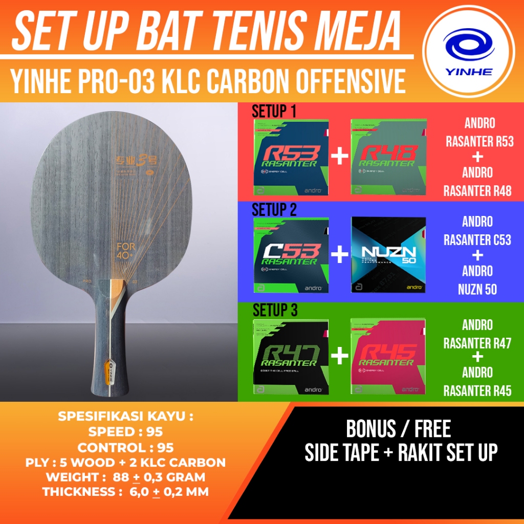 Jual Paket Bat Pingpong Rakitan Yinhe Pro 03 KLC Carbon Fiber Offensive Andro Rasanter Nuzn 50 ...