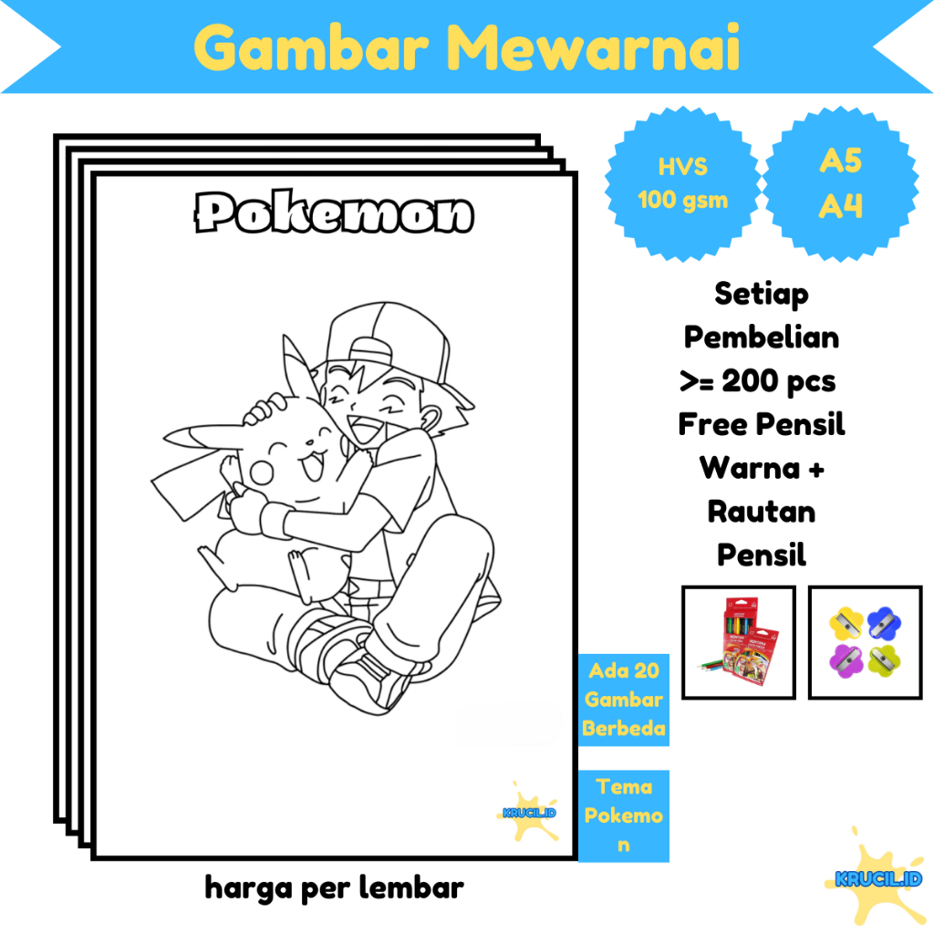 Jual Gambar Mewarnai Pokemon Anak PAUD TK SD Kertas HVS 100 gsm A5 A4 ...