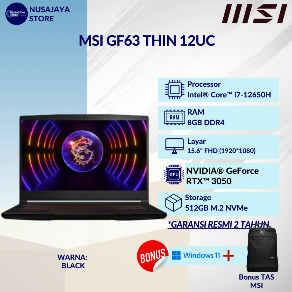 Jual MSI GF63 Thin 12UC i7-12650H 16GB 512GB RTX3050 15.6" FHD IPS-Level 144Hz W11 | Shopee ...