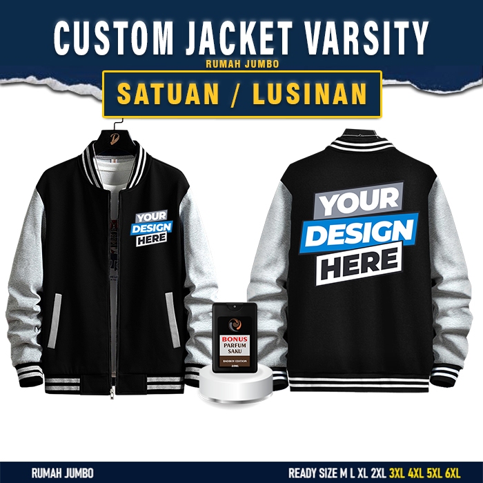 Jual Jaket Varsity Custom sablon satuan Bomber Kombinasi HITAM ABU ABU ...