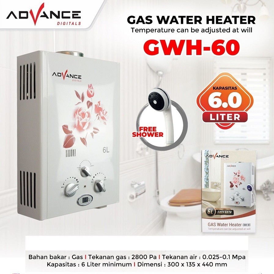 Jual Advance Water Heater GWH-60 Pemanas Air Gas 6 Liter LED Display BISA COD | Shopee Indonesia