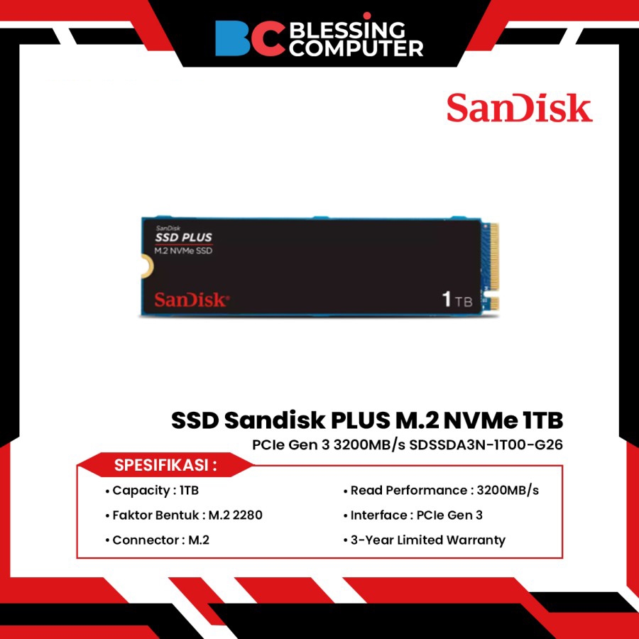 Jual SSD Sandisk PLUS M.2 NVMe 1TB PCIe Gen 3 3200MB/s SDSSDA3N-1T00-G26 | Shopee Indonesia